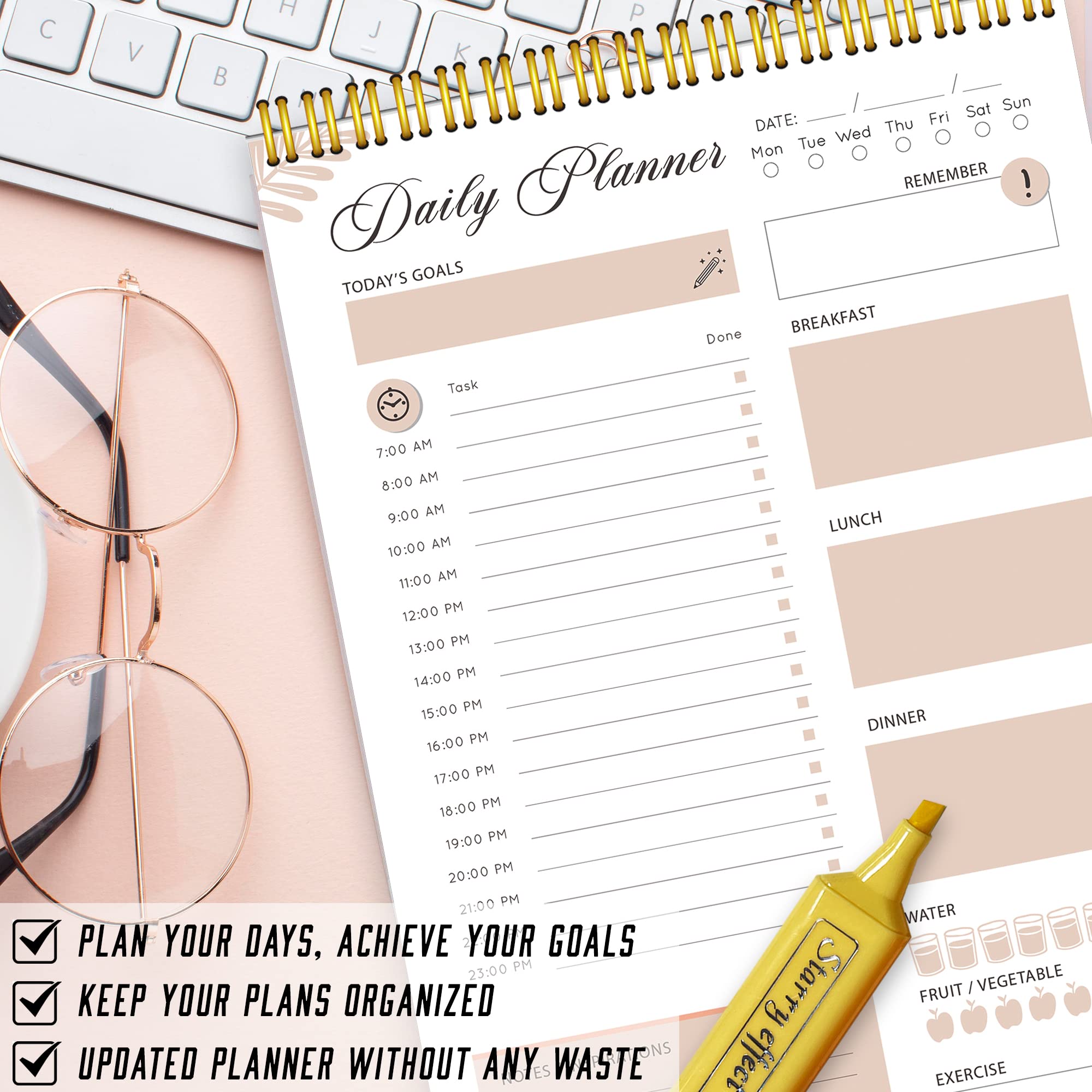Daily Planner with 4 Office Highlighters, To do List Notebook with Hourly Schedule, Productivity Calendar Exercise, Work Organizer for Man/Women, Daily Journal for Priority Notes, (6.5x9.8")