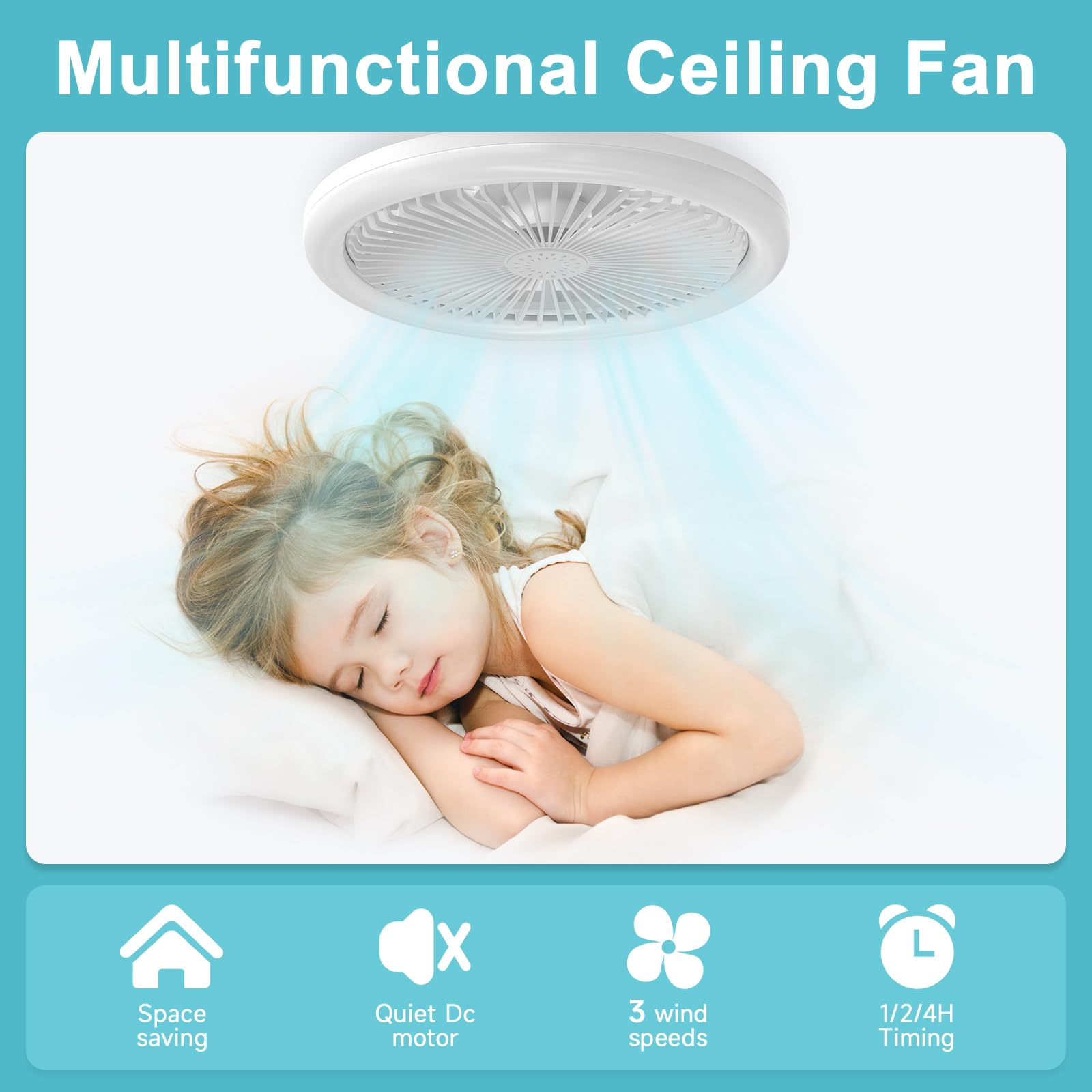 Ceiling Fan with Lights and Remote - Small Ceiling Fan Light 10 inch Bladeless Screw in Socket Fan Dimmable 3 Colors LED Lights E27 Base Mini Fandelier Ceiling Fan for Bedroom Kitchen Indoor White