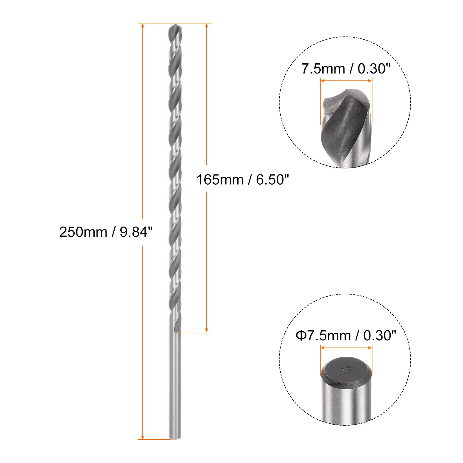 HARFINGTON 6542 High-Speed Steel Twist Drill Bit, 7.5mm Drill Bit 250mm Length Extended Straight Shank Black Oxide Ground Drill Bit for Steel Aluminum Alloy