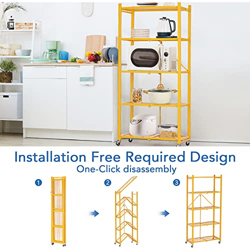 ShanSon Storage Shelves with Wheels 5 Tier Heavy Duty Foldable Metal Rack Storage Shelving Units for Garage Kitchen,Yellow