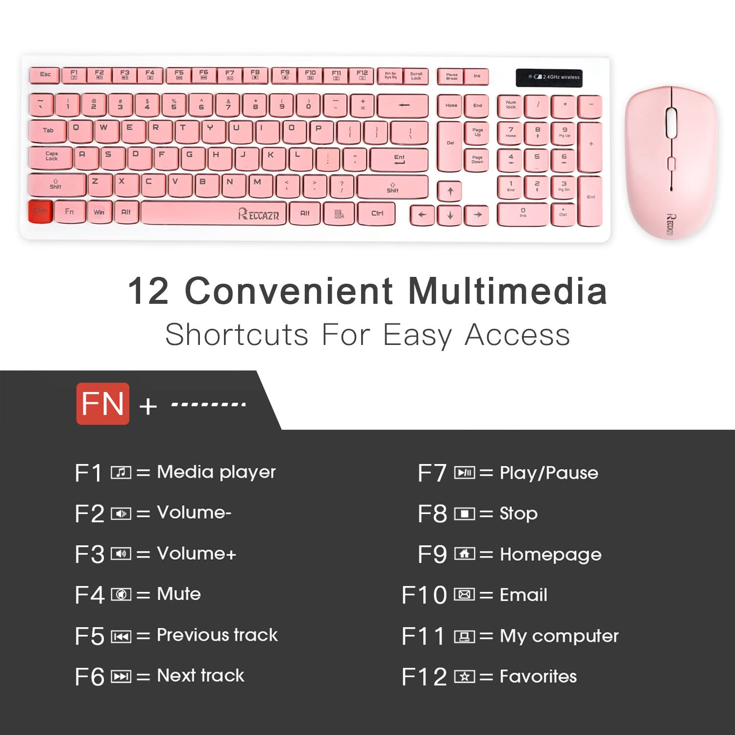 RECCAZR Wireless Keyboard and Mouse Combo, 2.4Ghz Full Size Wireless Keyboard and DPI Adjustable Mouse,Long Battery Life, Lag-Free Wireless Keyboard and Mouse for PC, Windows, Desktop, Laptop(Pink)