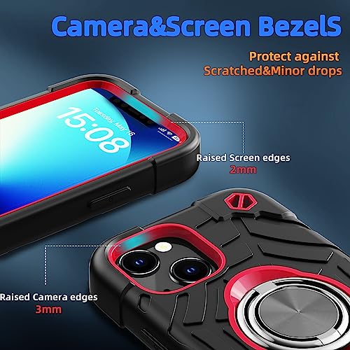KCJ for iPhone 13 Mini case/iPhone 12 Mini case 5.4 Inch with Ring Holder, with 2 Pack Screen Protector + 1 Pack Camera Lens Protector,Heavy-Duty Military Grade Protector Cover. (Black+Red)