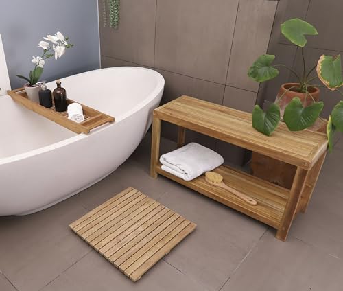 NORDIC STYLE TEAK Wood Shower Stool and Spa Bench with Shelf, Teak Shower Bench for Indoor and Outdoor Use, Teak Storage Bench, Teakwood Shower Bench, Natural Teak Finish, 35"