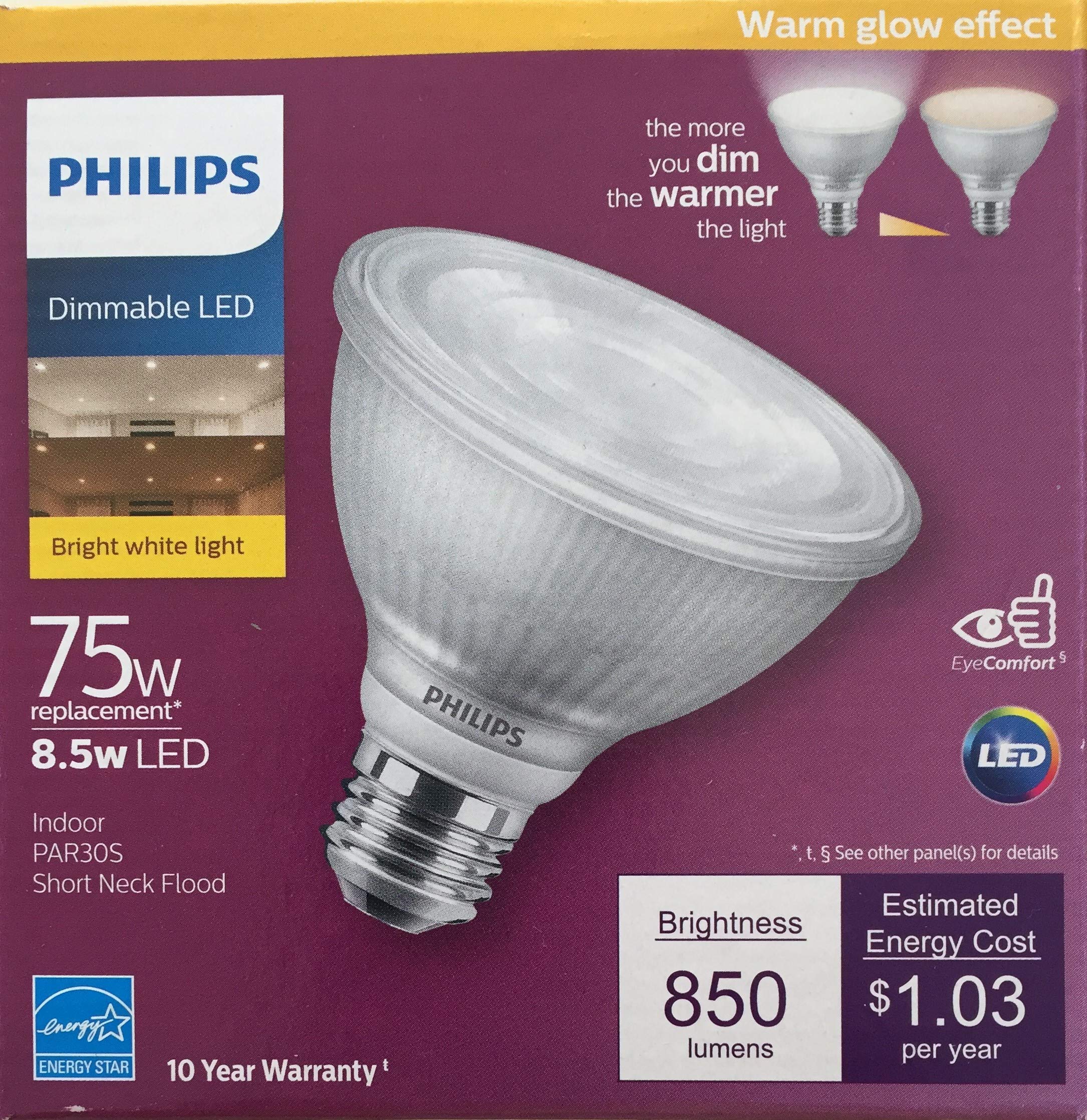 PHILIPS LED Dimmable PAR30S Bright White Short Neck Indoor Flood 10.5W (75W Equivalent) with Warm Glow Effect, 1-Pack