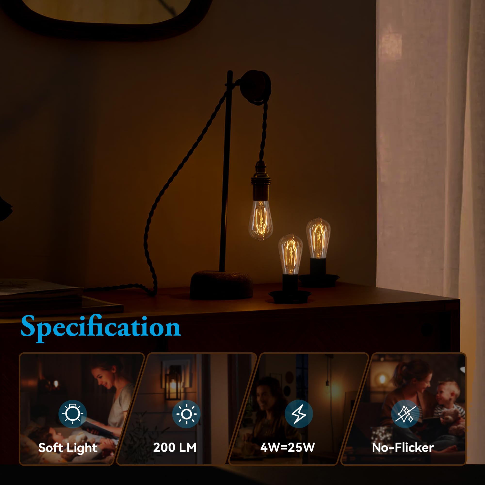 LED Edison Bulb Equal 25w Vintage Amber Light Bulbs 2000K Soft Yellow Light LED Bulbs, Super-Thin Spiral Filament Incandescent Warm Light Amber Bulbs, Dimmable E26 Base Night Light Bulbs 4W, 3 Pack