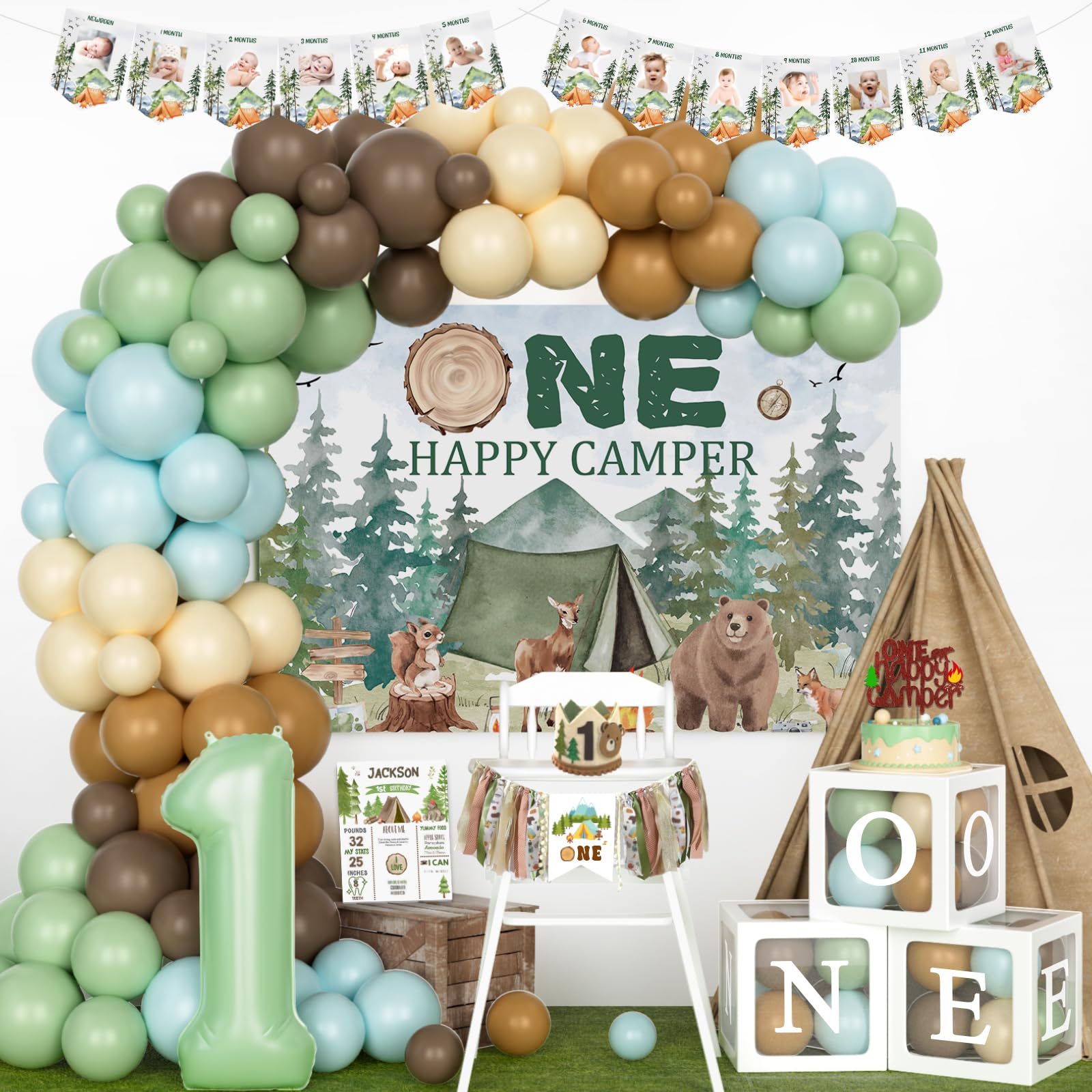 Hombae One Happy Camper Birthday Decorations, First Birthday Decorations, Camping 1st Birthday Party Decor, Green Backdrop Balloon Banner Cake Topper Crown Poster Cutout Balloon Boxes 114 PCs