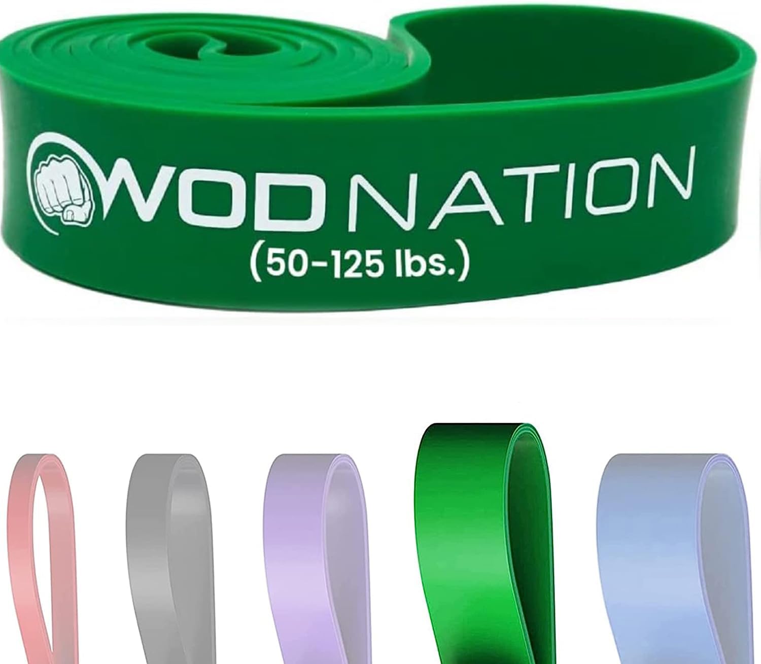 WOD Nation Single Pull Up Assistance Band (50-125lbs Green Band) - Best for Pullup Assist, Chin Ups, Resistance Bands Exercise, Stretch, Mobility Work & Serious Fitness - 41 inch Straps