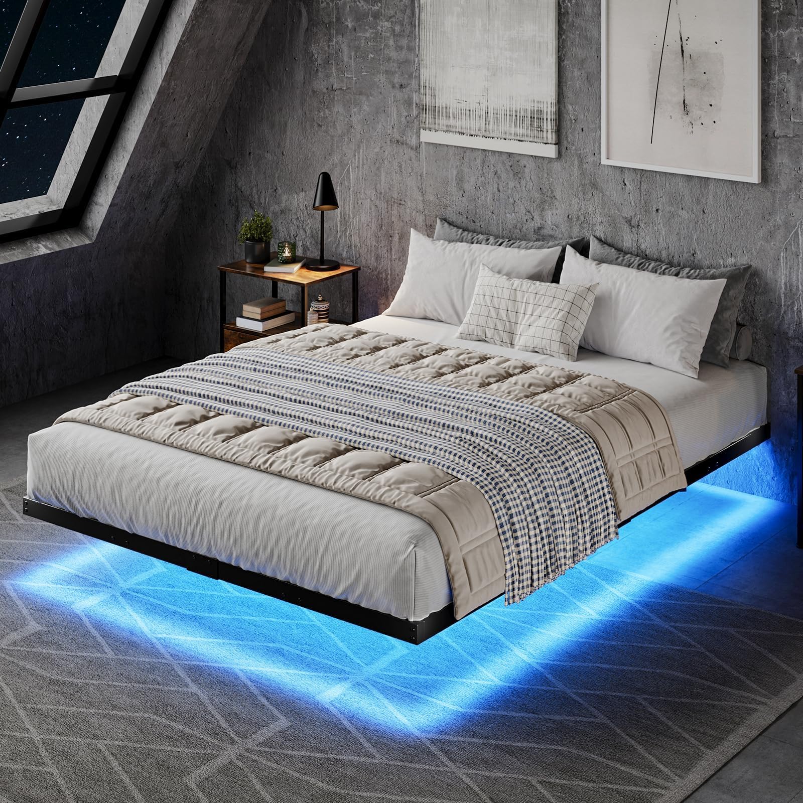 HOMBCK Floating Bed Frame Queen Size with LED Lights, Metal Platform Queen Bed with Heavy Duty Steel Slats, Large Under Bed Storage, No Box Spring Needed, Easy to Assemble, Black