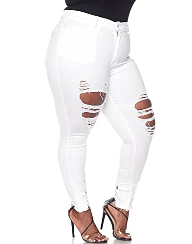 PYL Women Plus Size Denim Ripped Jeans, Distressed Skinny Stretchy White Jegging Pant (L-5XL)