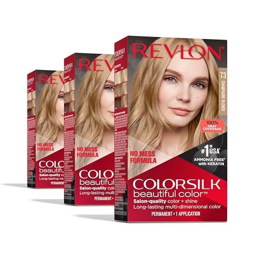 Permanent Hair Color by Revlon, Permanent Blonde Hair Dye, Colorsilk with 100% Gray Coverage, Ammonia-Free, Keratin and Amino Acids, Blonde Shades, 73 Champagne Blonde (Pack of 3)