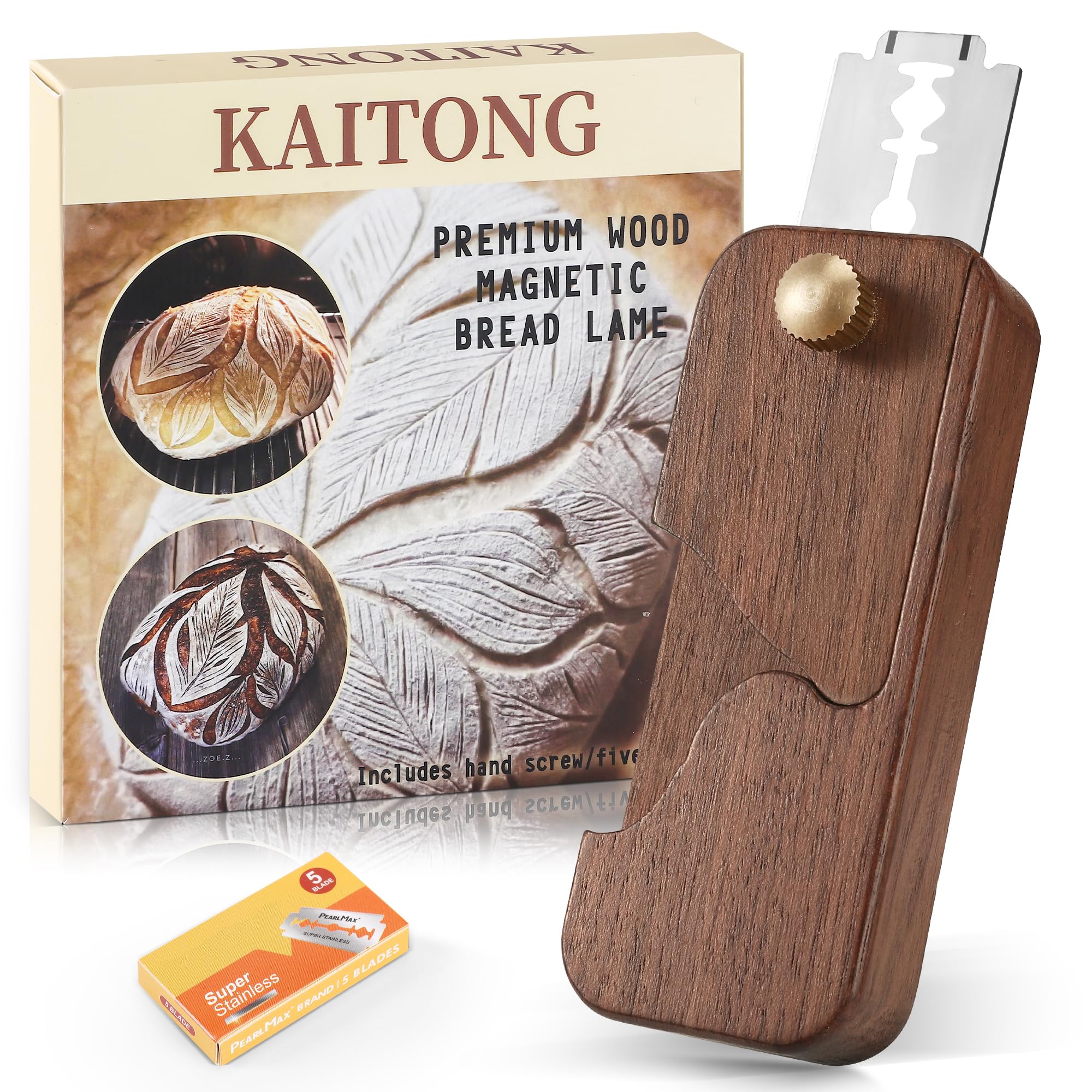 KAITONG Premium Magnetic Bread Lame Dough Scoring Tool, Wooden Hand Crafted Sourdough Lame Bread Scoring Tool, Dough Scoring Knife for Sourdough Bread Baking & Bread Making Tools & 5Razor Blades