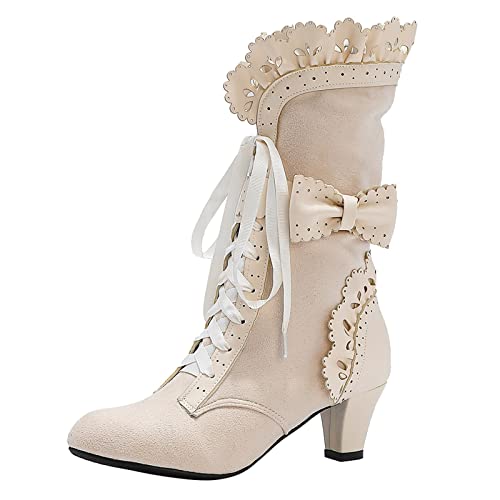 FASDNENDYS Womens Shoes Plus Size Lace Bow High Thick Heel Front Lace Up Plus Size Womens Inflatable Boot Beige