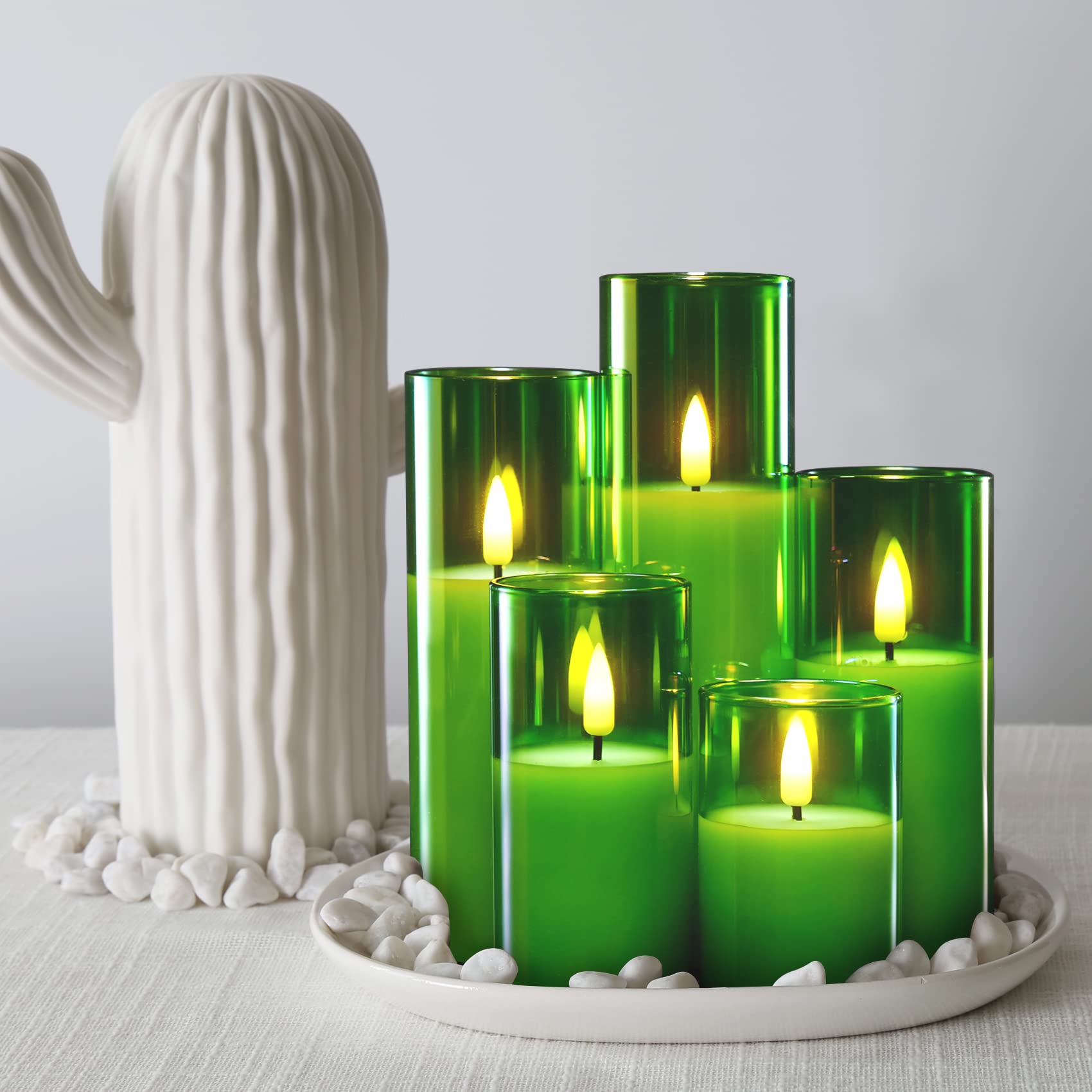 Girimax Green Glass Flameless Candles with Remote, Flickering LED Votive Pillar Candles Battery Operated Slim Tall Candles Φ 2" H 3" 4" 5" 6" 7"