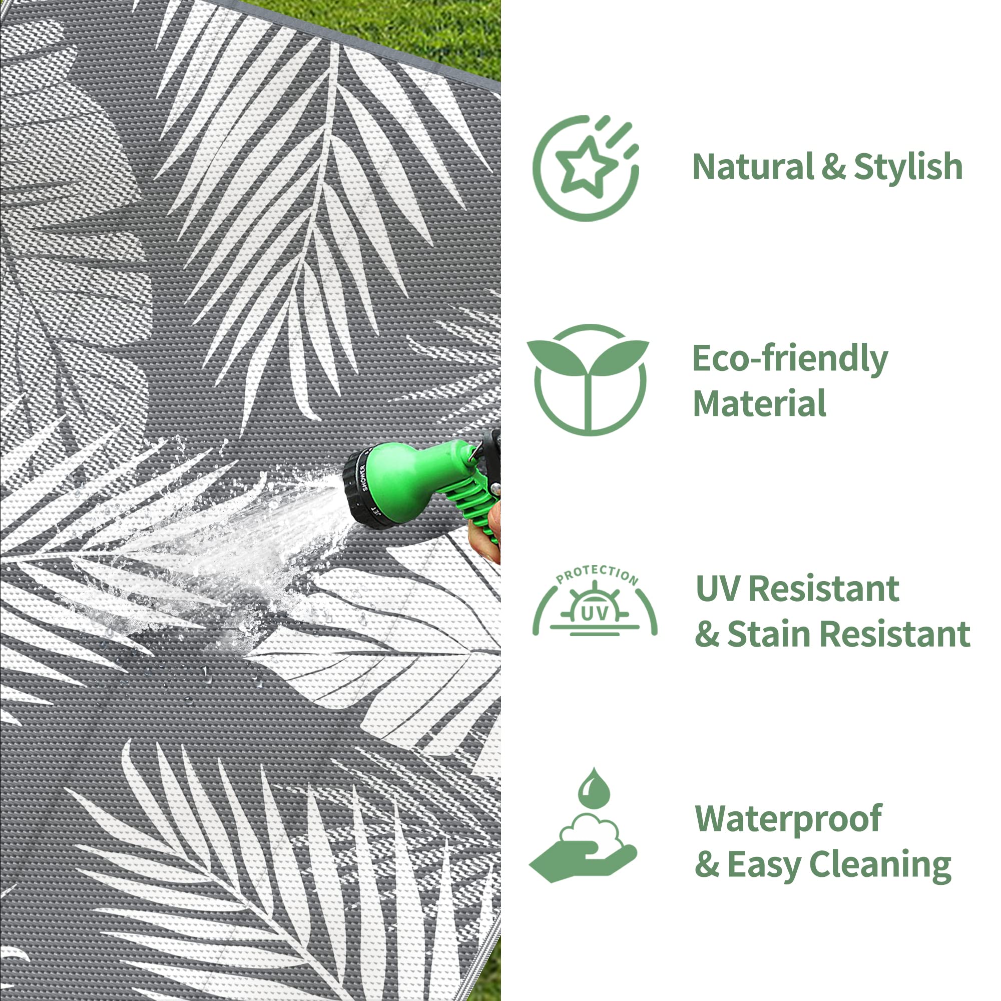 GENIMO Outdoor Rug 5' x 8' Waterproof for Patios Clearance, Reversible Plastic Straw Camping Carpet, Large Area Rugs Mats for RV, Picnic, Backyard, Deck, Balcony, Porch, Beach, Grey&White