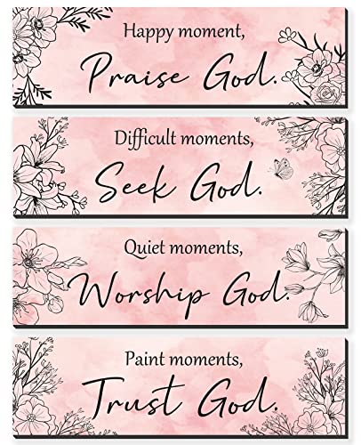 ZINYAZHE 4 Pieces Pink Wall Decor for Girls Floral Wooden Wall Hanging Wall Art Teen Women Bedroom Decor with Inspirational Quote Inspirational Wall Decors Teacher Assistant Secretaries(Pink)