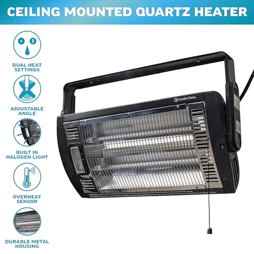 Comfort Zone Ceiling Mounted Space Heater, 90 Degree Adjustable Tilt, Dual Quartz, Radiant, Electric, Safety Grille, Overheat Protection, Hardware Included, Ideal for Workshop, Garage, 1,500W, CZQTV5M