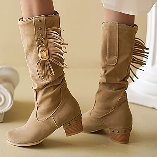 FASDNENDYS Womens Pointed Toe Knee High Boots Rhinestone Boots Fashion Color Boots Inner Soles Mens Shoes Khaki