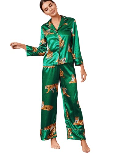 SheIn Women's Satin Sleepwear Lapel V Neck Leopard Print Long Sleeve Pajamas Set Green Polka Dot & Tiger Print Medium