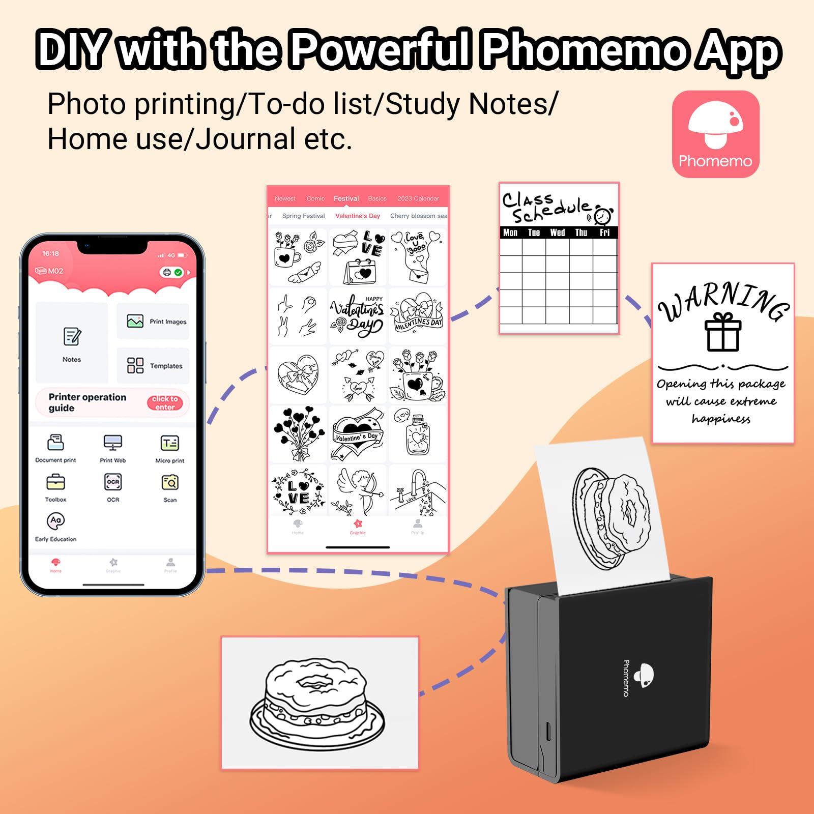 Phomemo M02 Sticker Printer - 2024 Mini Pocket Printer Portable Thermal Inkless Photo Printer via Bluetooth - Good for Exam Notes, Study Notes, Scrapbooking, Journal, Work, Gifts