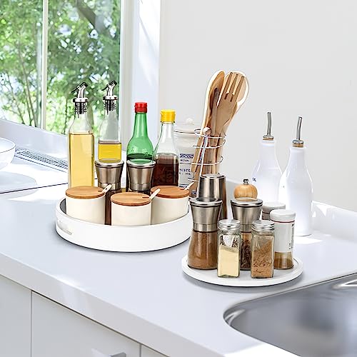 Lazy Susan Organizer for Countertop, 12 Inch & 10 Inch Bamboo Condiment Organizer, Wooden Lazy Susan Turntable Organizer for Cabinet Pantry Kitchen Counter Dining Table Cupboard, Decorative Tray White