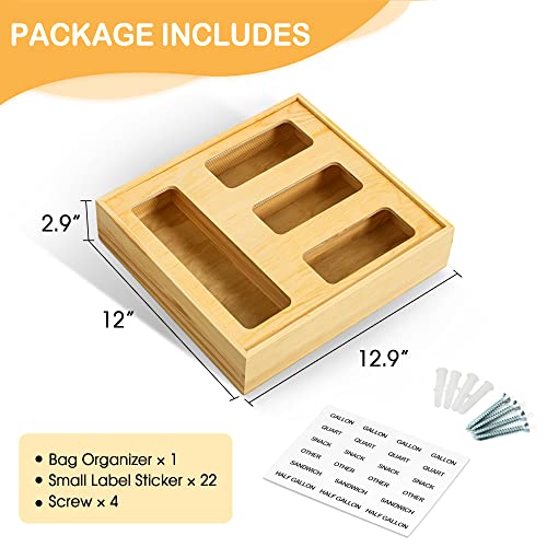 pentaQ Ziplock Bag Organizer, Food Plastic Storage Bag Holder for Kitchen Drawer, Wall Mountable Kitchen Organization and Storage for Gallon, Quart, Sandwich and Snack Variety Size Bag (Natural)