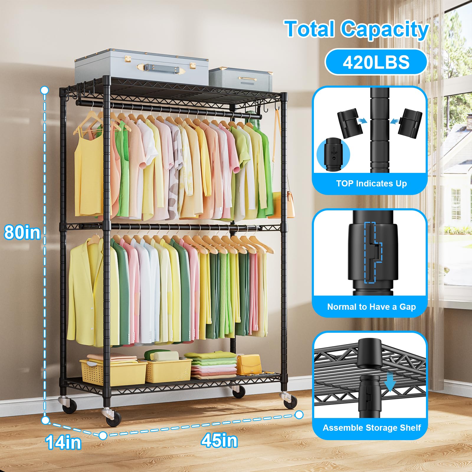 FUTASSI P8 Rolling Clothes Rack,Heavy Duty Clothing Racks for Hanging Clothes,Freestanding Garment Rack with Lockable Wheels,Portable Clothing Rack 45" W x 14" D x 80" H,Max Load 420LBS,Black
