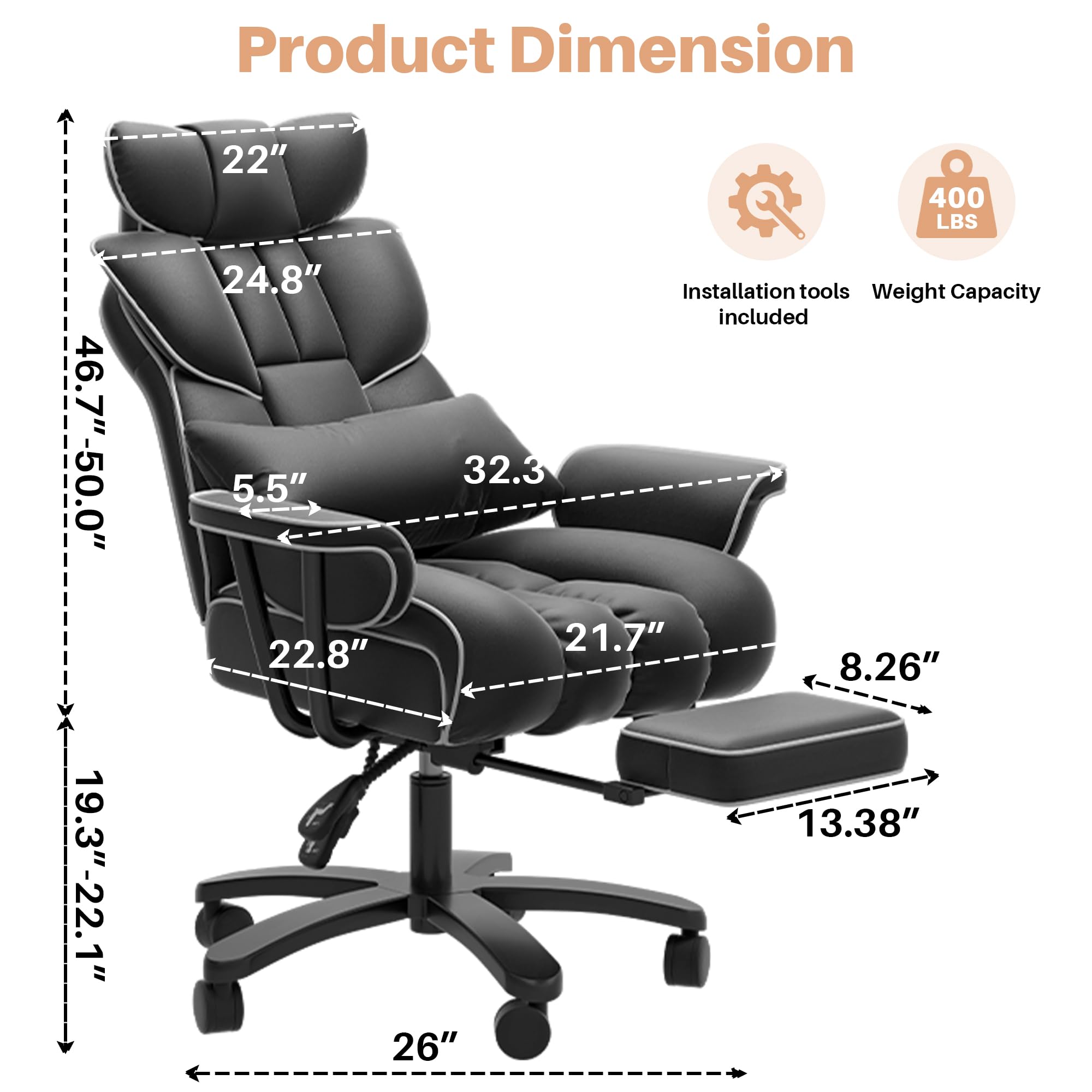 HomeZeer Big and Tall Office Chair 400lbs Wide Seat, Comfortable Reclining Office Chair with Footrest, High Back Leather Executive Office Desk Chair with Lumbar Support for Home Office