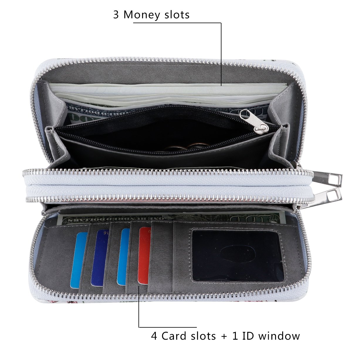 Women's Double Zipper Wallet Large with Removable Wristlet Clutch Cellphone Bag with Wristlet and ID Window(Blue morning glory)