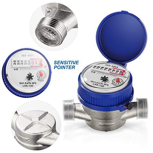 Hemobllo Water Meter Water Flow Meter Cold Water Meter for Garden and Home Use, Measures in Cubic Meter, DN15, 1/2" NPT Couplings