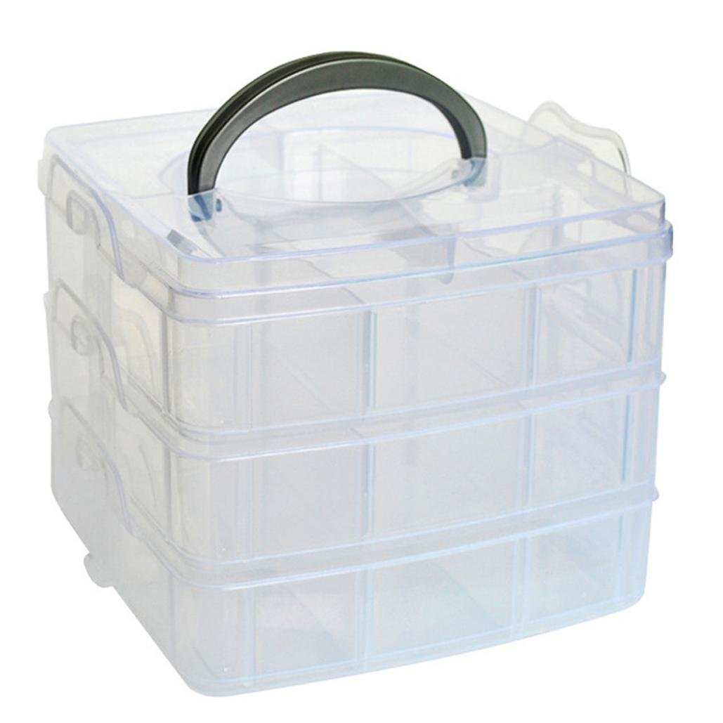 Kamay's 3-Tier Transparent Stackable Adjustable Compartment Slot Plastic Craft Storage Box Organizer Snap-lock Tray Container 3 Sizes 4 Candy Colors Available (Medium 18 Compartment, White)