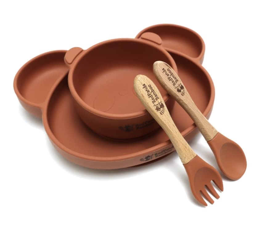 Red Panda Bamboo Silicone Suction Plate and Bowl Set with Spoon and Fork BPA Free Divider Kids Plate Bear Plate Bear Bowl Animal plate Microwave Safe Dishwasher Safe
