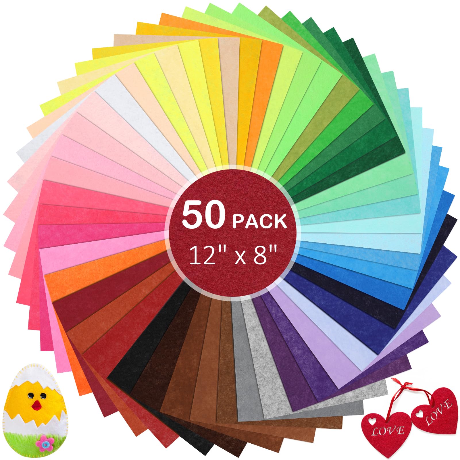 KaKaPops 50Pcs Thin Felt Fabric Sheets, Assorted Colors Stiff Felt Sheets for Crafts DIY Patchwork Sewing School Projects Decoration, 50 Colors (8 x 12 inches)