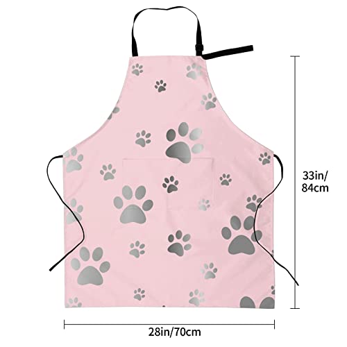 Perinsto Cute Dog Paws Pink Waterproof Apron With 2 Pockets Kitchen Chef Aprons Bibs For Cooking Baking Painting Gardening Grooming