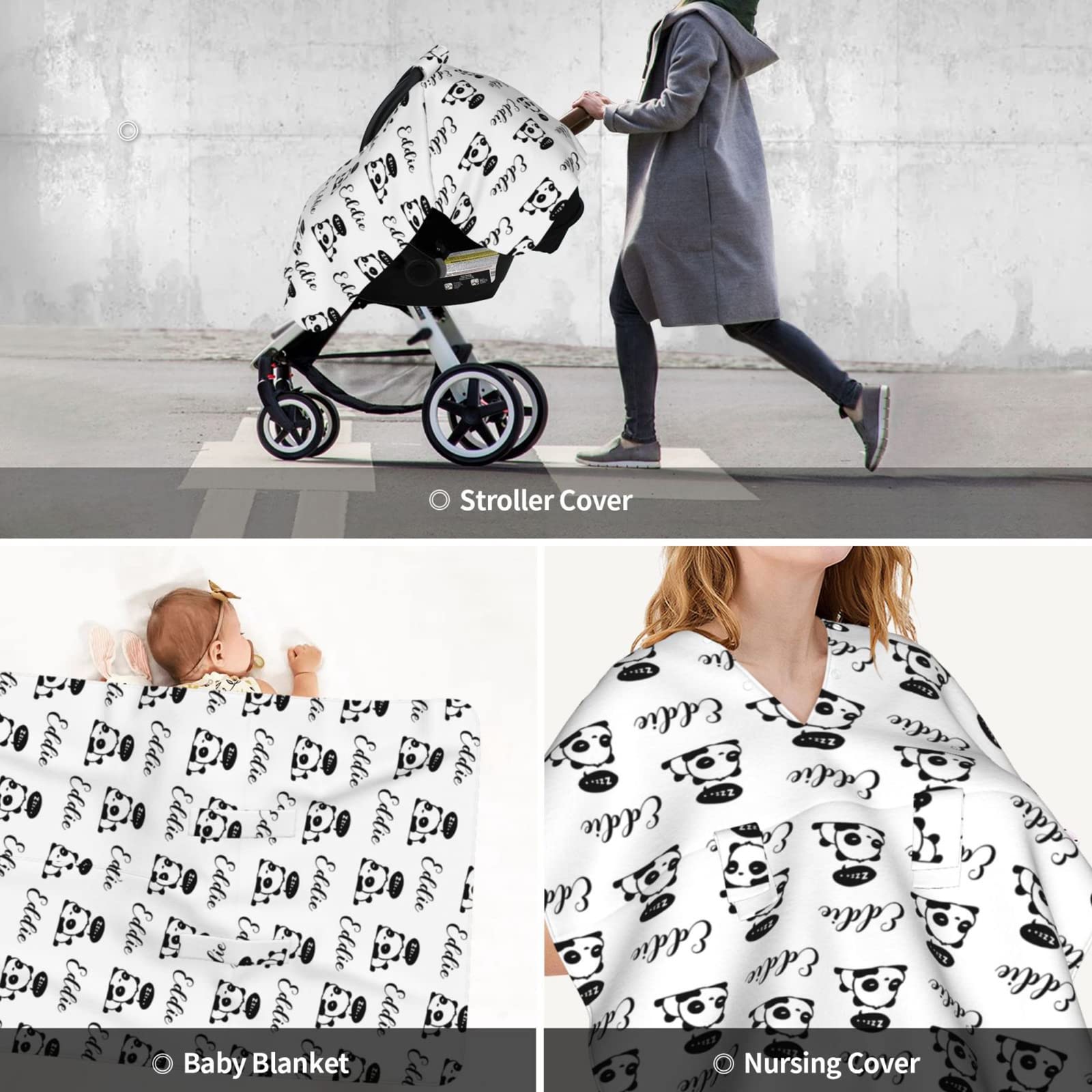 Personalized Baby Car Seats Canopy for Babies with Name, Custom Multi-use Covers for Baby Boys Girls, Cute Little Panda Minky Nursing Breastfeeding Stroller Cover Canopies for Newborn Infant