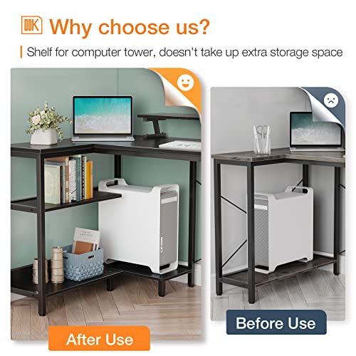 ODK Small L Shaped Desk, 48 inch Corner Desk with Reversible Storage Shelves, Computer Desk with Monitor Shelf and PC Stand for Home Office, Gaming Desk with Headphone Hooks, Black