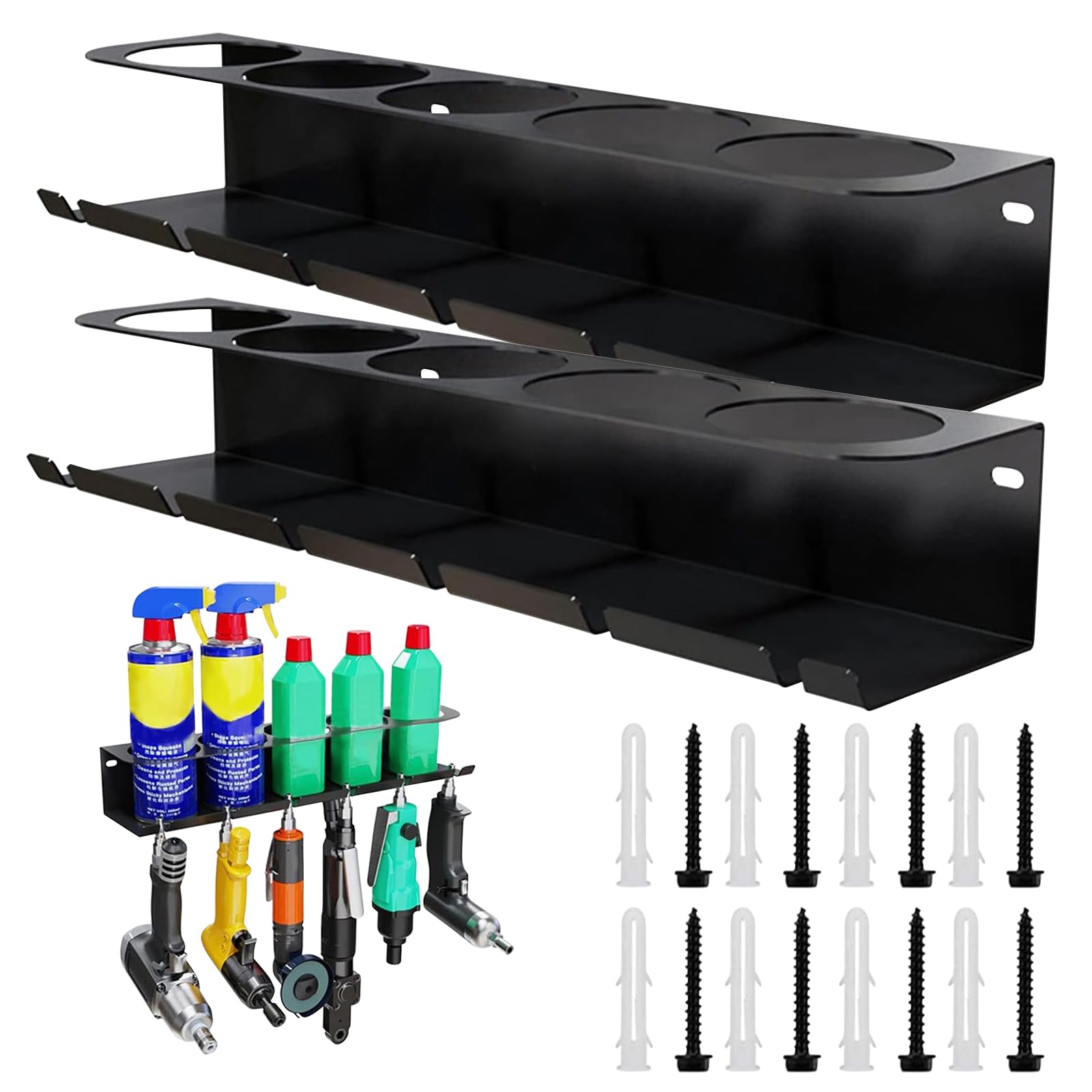 Fepinc 2 Pack 5 Hole Spray Can Organizer Can Holder, 17in Metal Spray Can Holder Rack Wall Mount Tool Shelf Organizer for Workshop, Shed, Garage, Home (2)