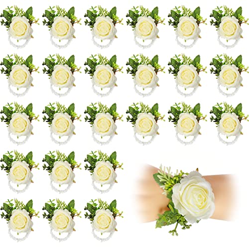 Sherr 36 Pcs Ivory Rose Wrist Corsage Wristlet Band Bracelet Boutonniere for Men Prom White Rose Corsage Hand Flower Decor for Prom Party Wedding Homecoming Suit Decorations Ceremony Wedding Bride