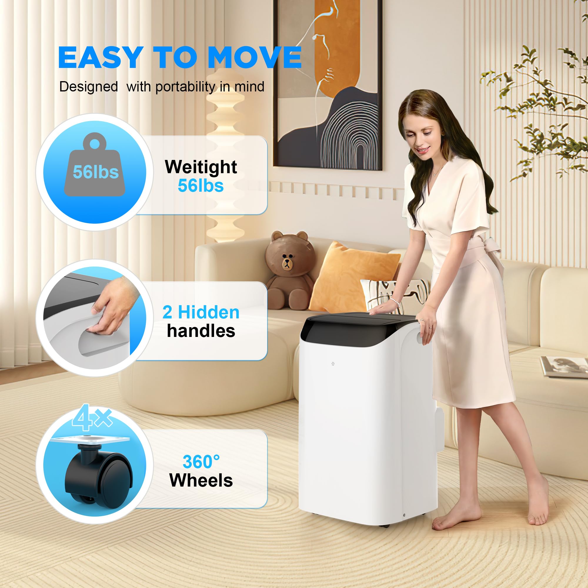 KAMLAM 12000 BTU Portable Air Conditioners for Room up to 500 sq.ft, 3-IN-1 Quiet Cooling Portable AC Unit with Fan & Dehumidifier Function, 24H Timer Sleep Mode, Remote Control & Windows Kit Included