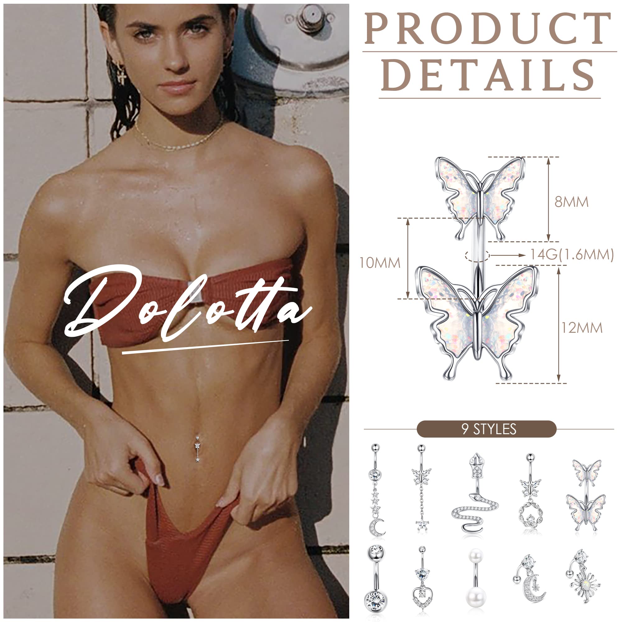 DOLOTTA 10Pcs 14G Stainless Steel Dangle Belly Button Rings Screw Reverse Curved Navel Barbell Piercing Jewelry for Women Silver Tone