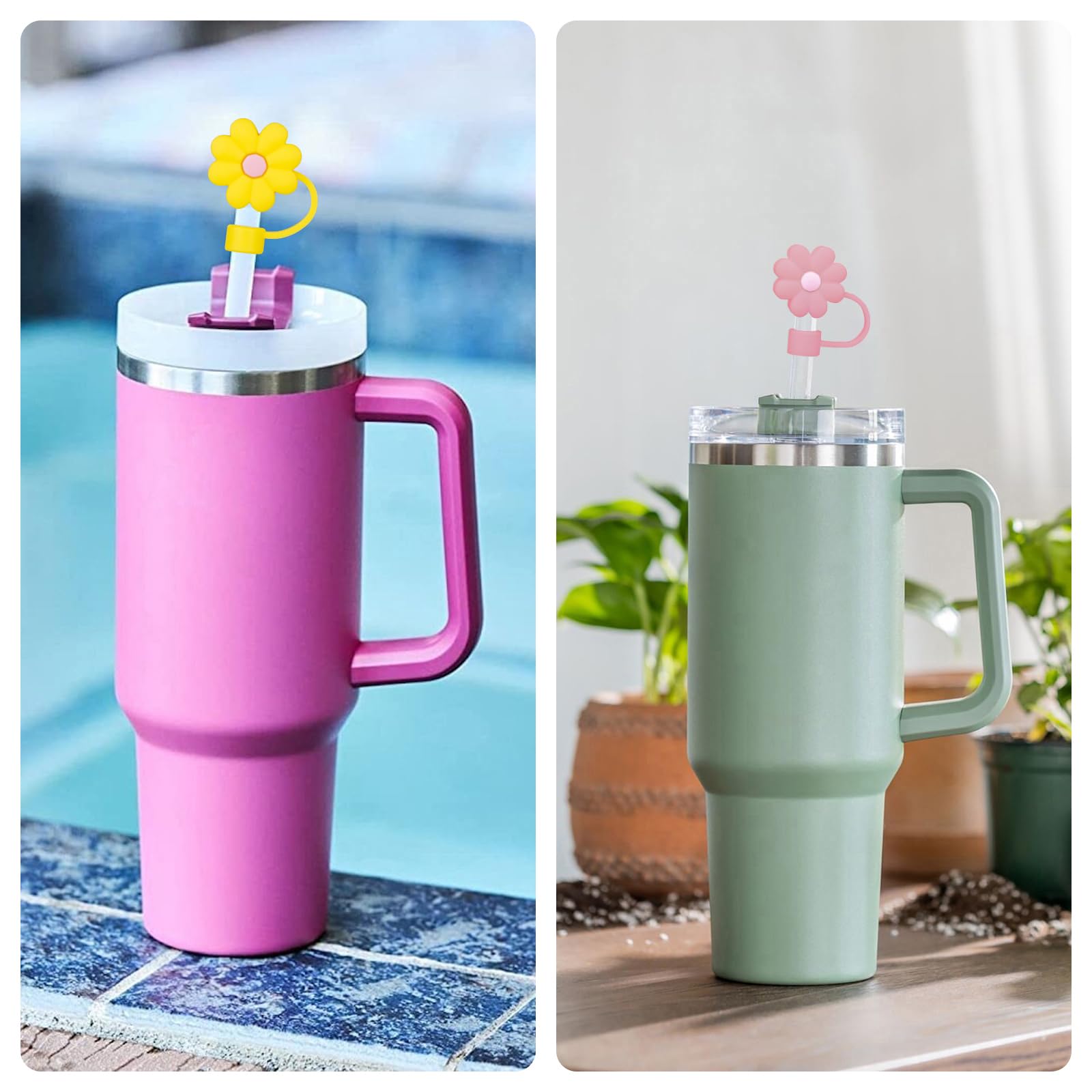 COCGVEL 4 Pack Compatible with Stanley 30&40 Oz Tumbler, 10mm Flower Straw Covers Cap, Cute Silicone Straw Covers, Straw Protectors, Various Shapes Soft Silicone Straw Lids for 10mm Straws COCGVEL33