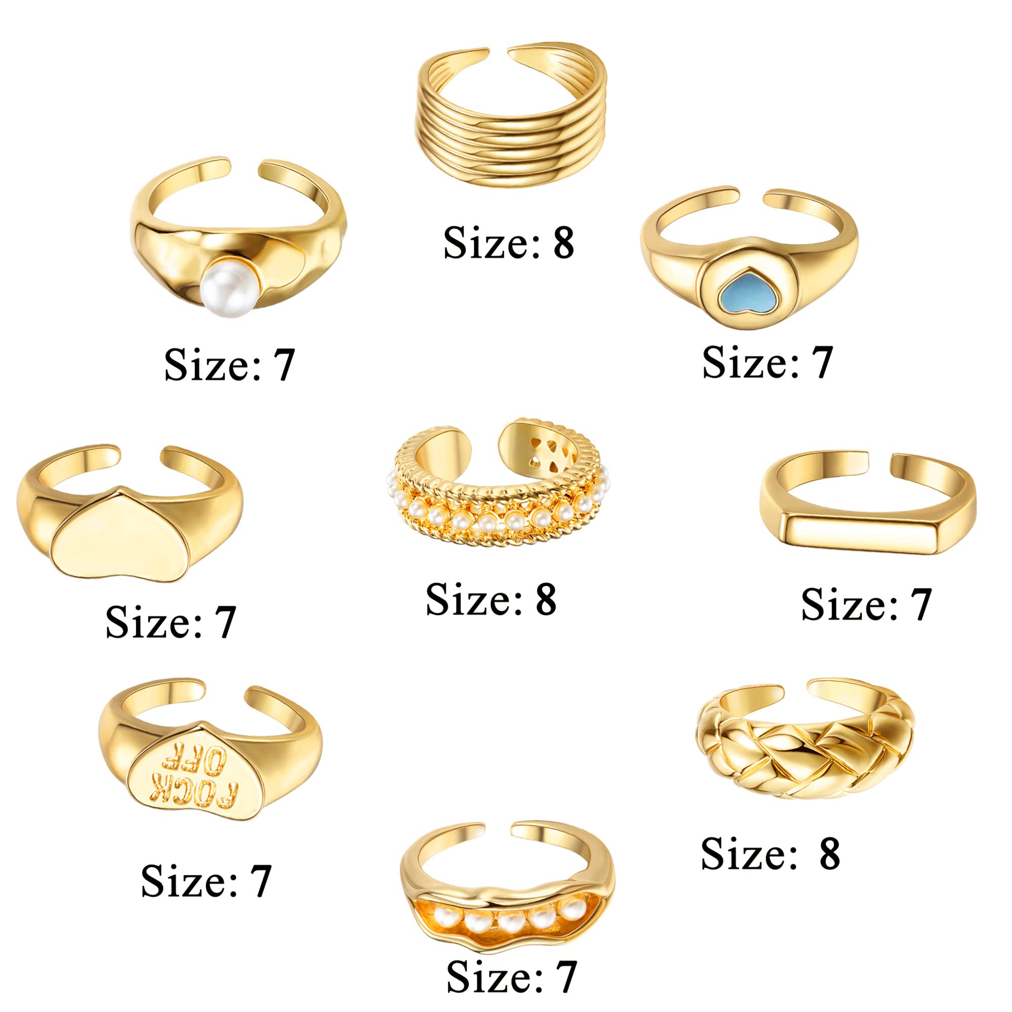 DOLOTTA 9Pcs Gold Chunky Rings for Women Men Croissant Ring Y2K Trendy Pearl Inlaid Ring Dome Open Signet Rings Stackable Finger Aesthetic Rings
