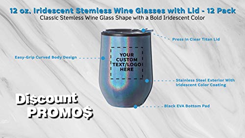 Custom Palmera Stemless Wine Tumblers with Lids 12 oz. Set of 12, Personalized Bulk Pack - Perfect for Wine, Cocktails, Other Hot & Cold Beverages - Iridescent Blue