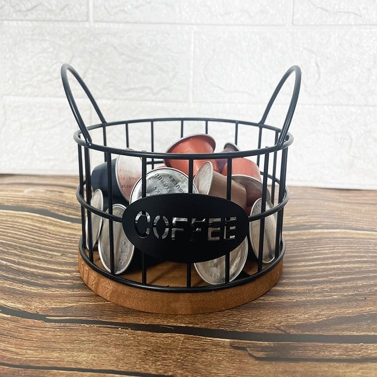 Fving Coffee Pod Holder for Counter, K Cup Holders Coffee Pods Storage Organizer,Large Capacity Coffee Bar Basket with Wooden Base for Kitchen Office Desktop (Black)