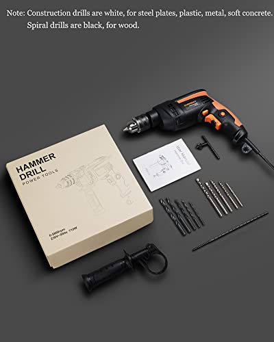 ENGiNDOT Hammer Drill, 1/2-Inch 6-AMP Corded Electric Hammer Drill with 2800RPM, Variable Speed, Drill Chuck, 10 Drill Bits for Home Improvement, Concrete, Steel, Wood (NOT for Reinforced Concrete)