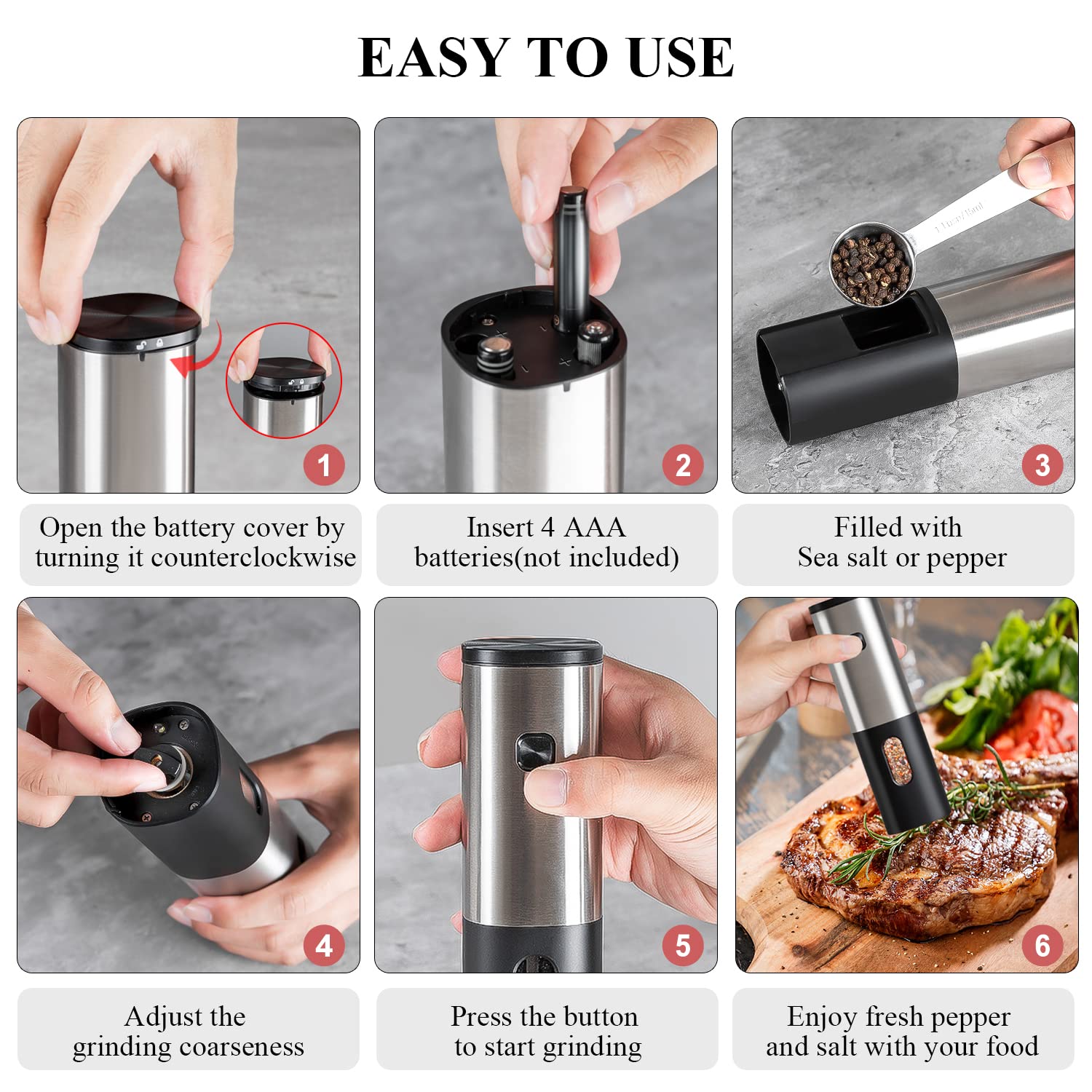 Electric Salt and Pepper Grinder Set, Automatic Pepper Mill with LED Light, Adjustable Coarseness, Battery Powered, One Hand Operated Refillable for Kitchen Resturant BBQ, Stainless Steel Black,2 Pack