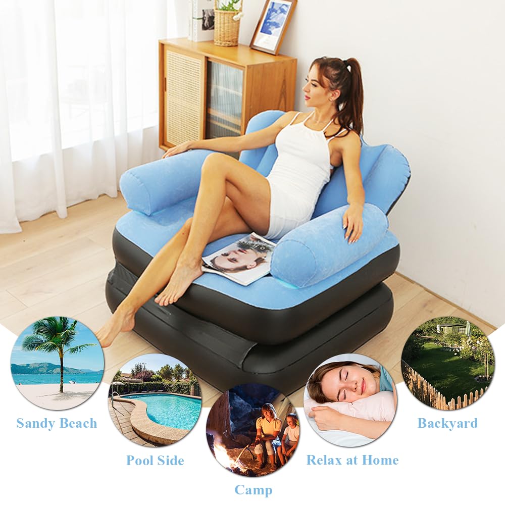 KAERMU Inflatable Sofa with Air Pump Outdoor Adult Lazy Sofa Multifunctional Five in One Inflatable Bed Convenient Foldable Lounge Chair,PVC Flocking,Perfect for Relaxing and Reading(Blue)
