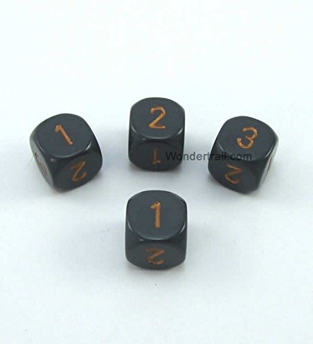 Wondertrail Dark Grey Opaque Dice with Gold Numbers D3 (D6 1-3 Twice) 16mm (5/8in) Pack of 4