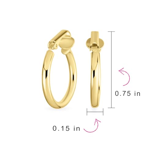 Classic Basic Simple Polished Tube Lightweight Clip On Hoop Earrings For Women Non Pierced Ears 14K Yellow Gold Plated .925 Sterling Silver .75 Diameter