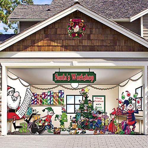 GRASARY Christmas Garage Door Cover Sets with 6 Traceless Nails Xmas Element Merry Christmas Holiday Banner Backdrop Cloth Decor for Home Garage Door,Wall H