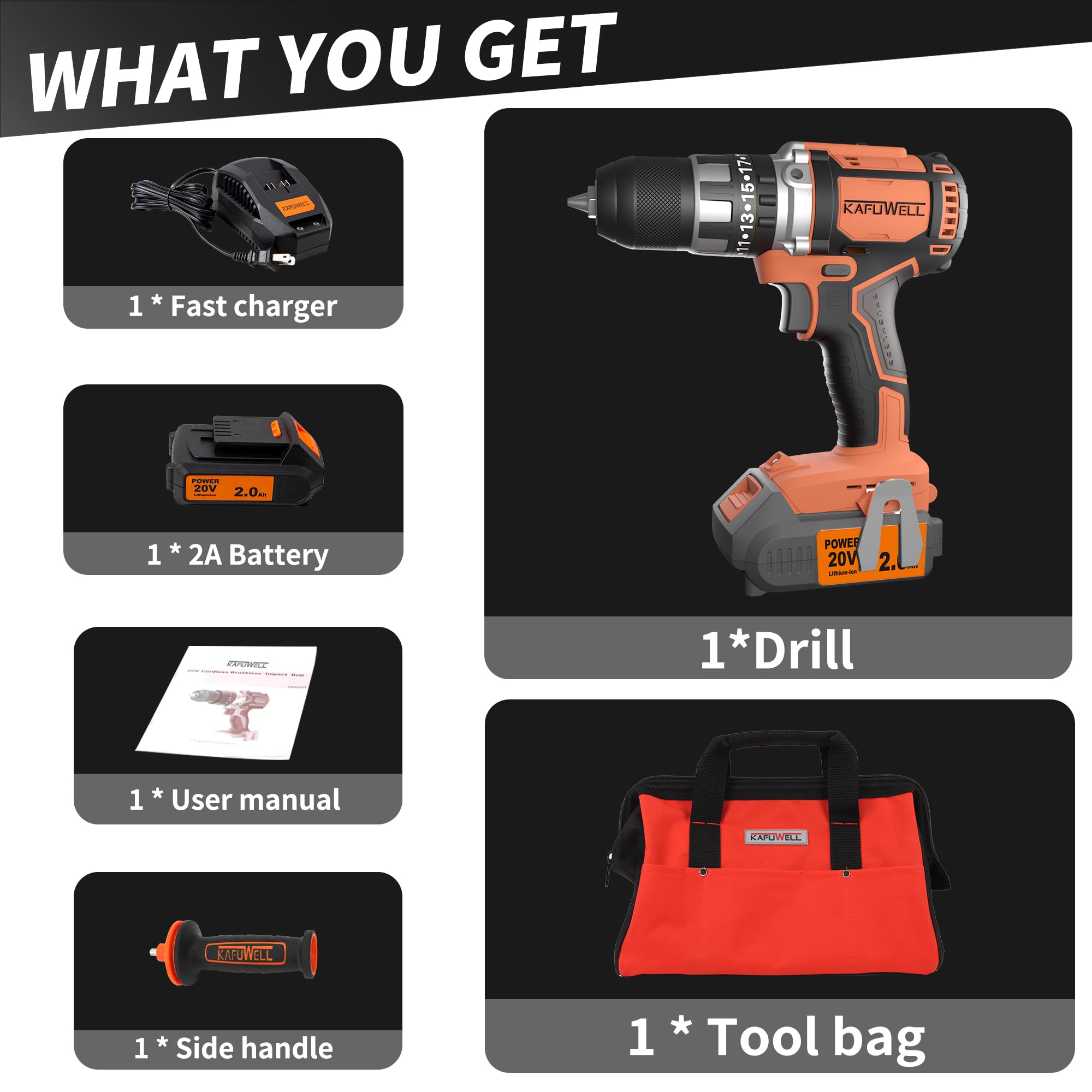 KAFUWELL Cordless Drill Set, 3-in-1 20V Power Drill with Battery and Charger, 1/2β Metal Chuck, 710 In-lbs Torque, 2 Variable Speeds, 20+3 Hammer Drill Driver
